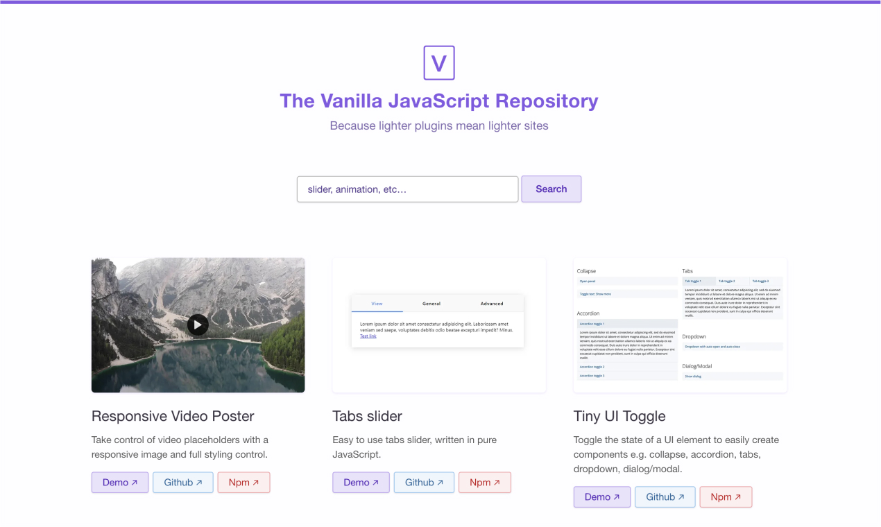 VanillaList - Repository of Vanilla JavaScript Resources | Resource.fyi