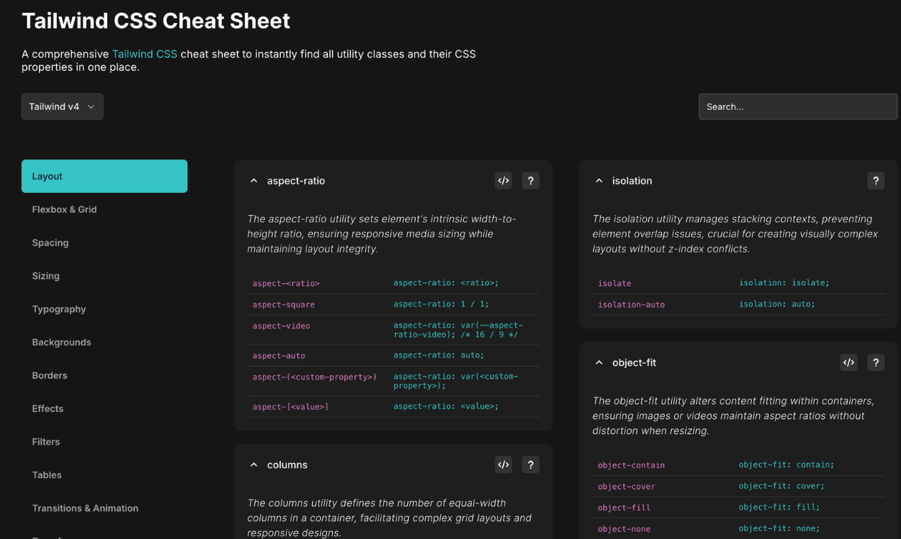 Tailwind CSS Cheat Sheet - Tailwind CSS v4 cheat sheet. | Resource.fyi