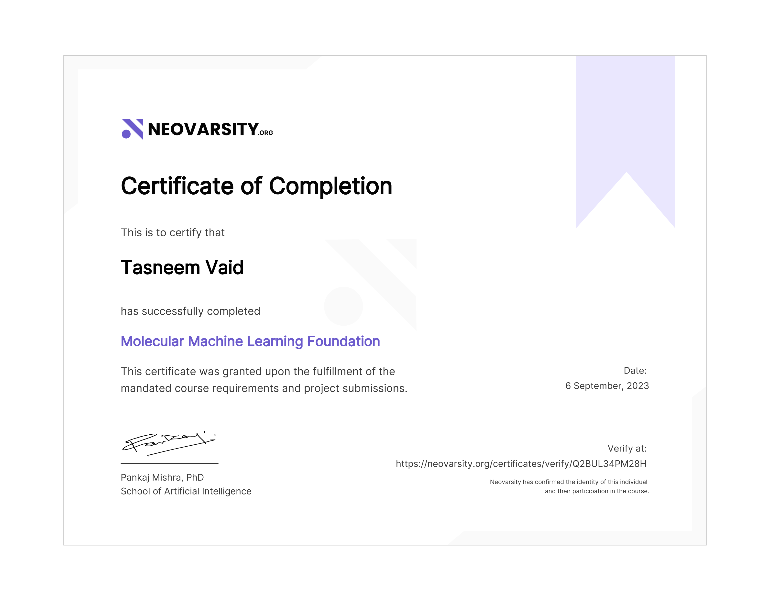 Completion Certificate for Tasneem Vaid