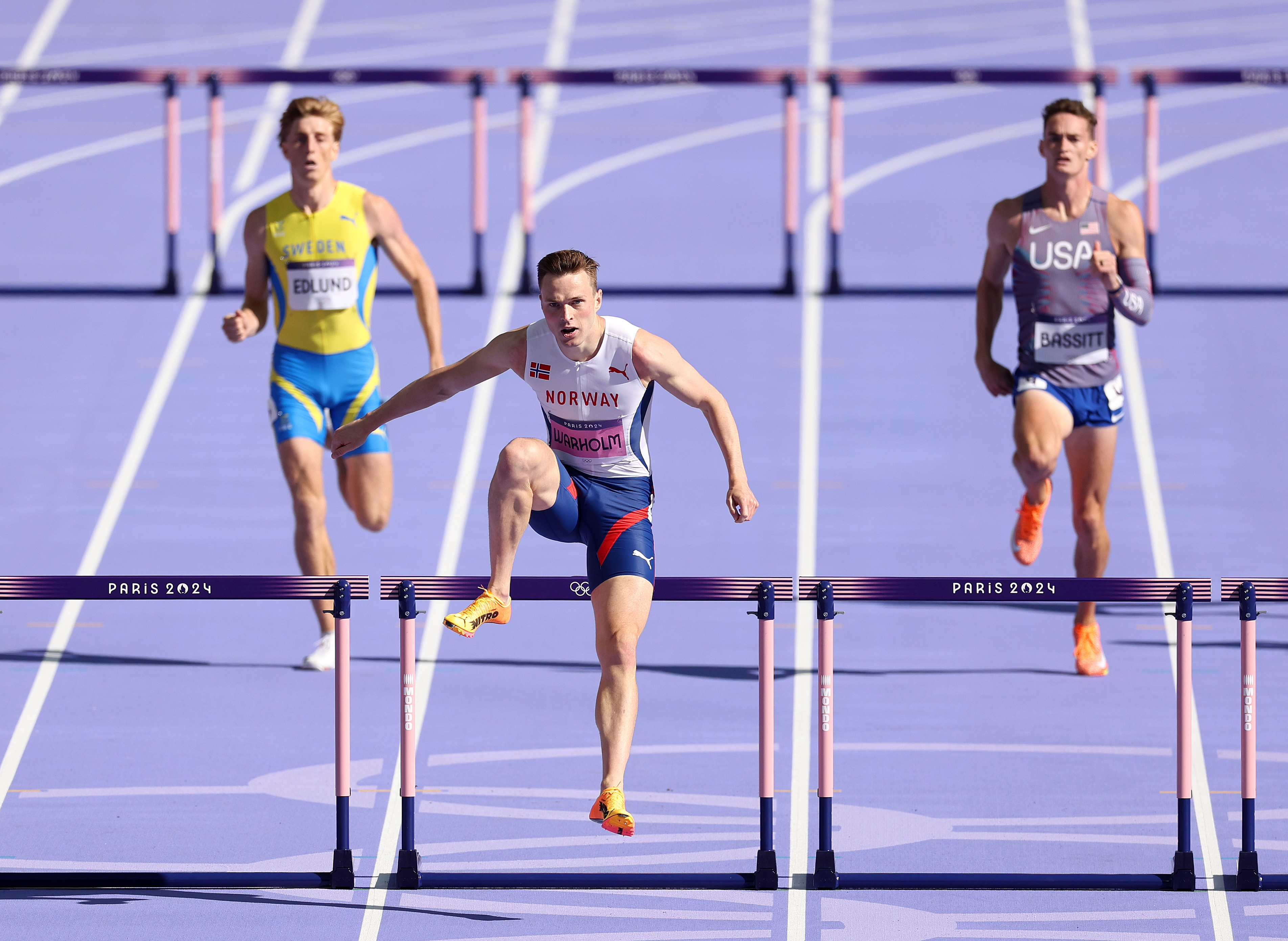 Warholm on his way in the Paris 2024 400m hurdles