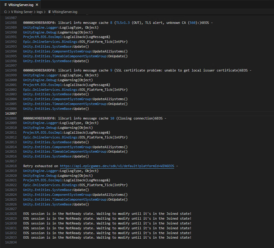 EOS session is in the NotReady state. Server not listed in Public Server Listing. - Bug Reports ...