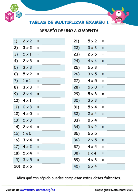 Segundo Grado Pruebas Tablas De Multiplicar Math Center