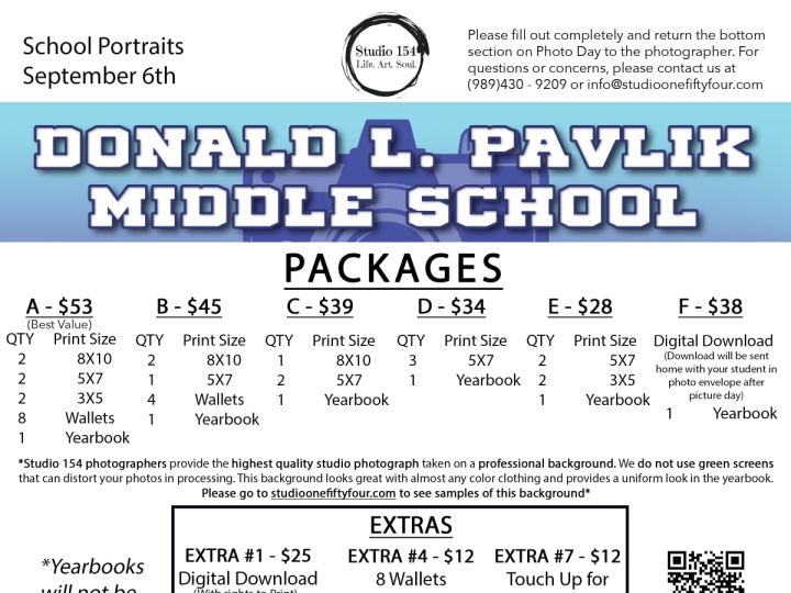 Donald L. Pavlik Middle School Online school photo purchases and Retake day information October 7th