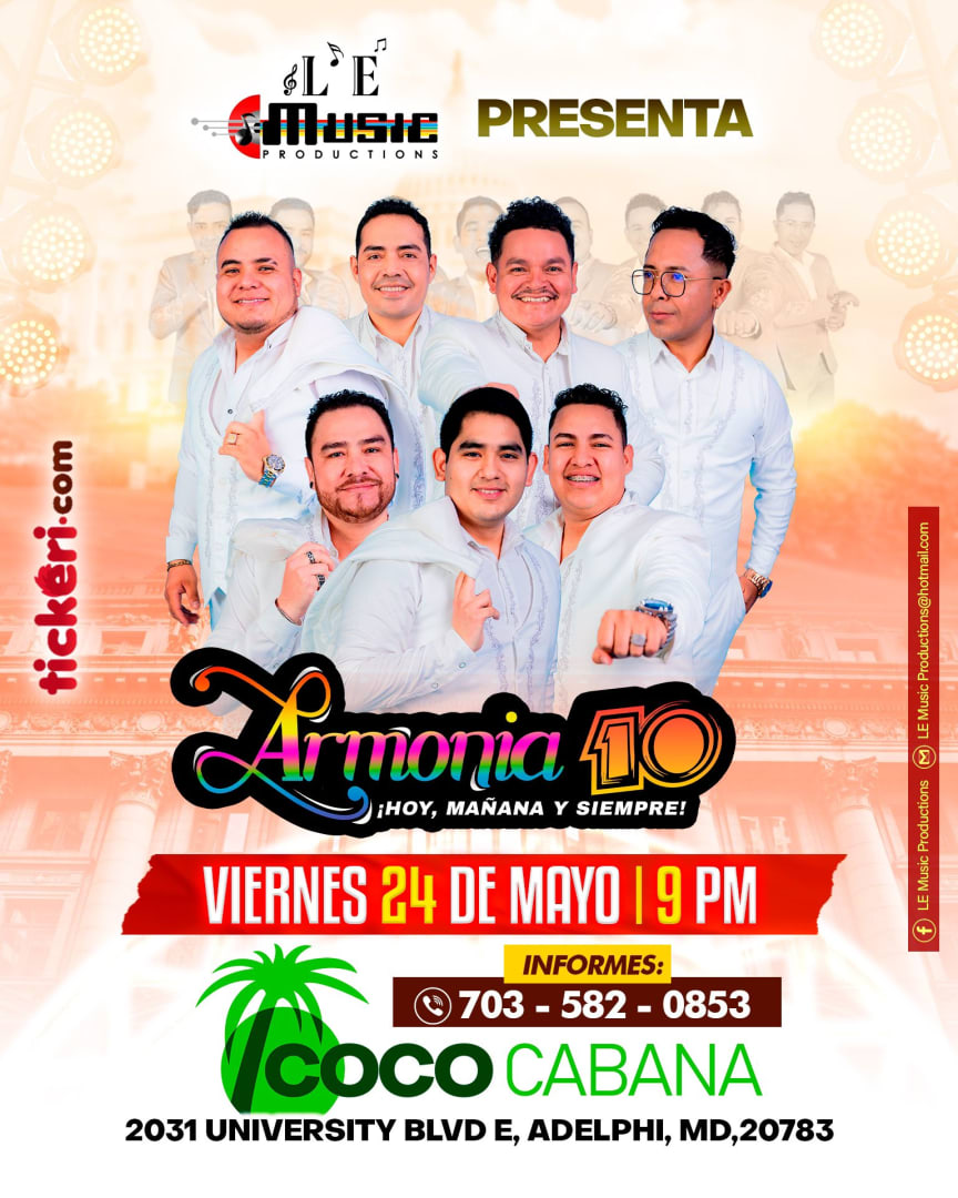 ARMONIA 10 en MARYLAND Tickets | Boletos - Coco Cabana, Adelphi | 2024-05-24 - Tickeri.com