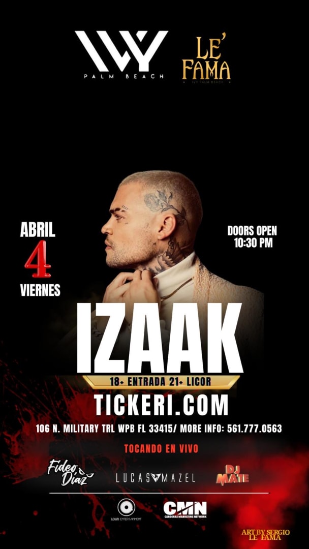 IZAAK LIVE! Tickets | Boletos - IVY Palm Beach, West Palm Beach | 2025-04-04 - Tickeri.com