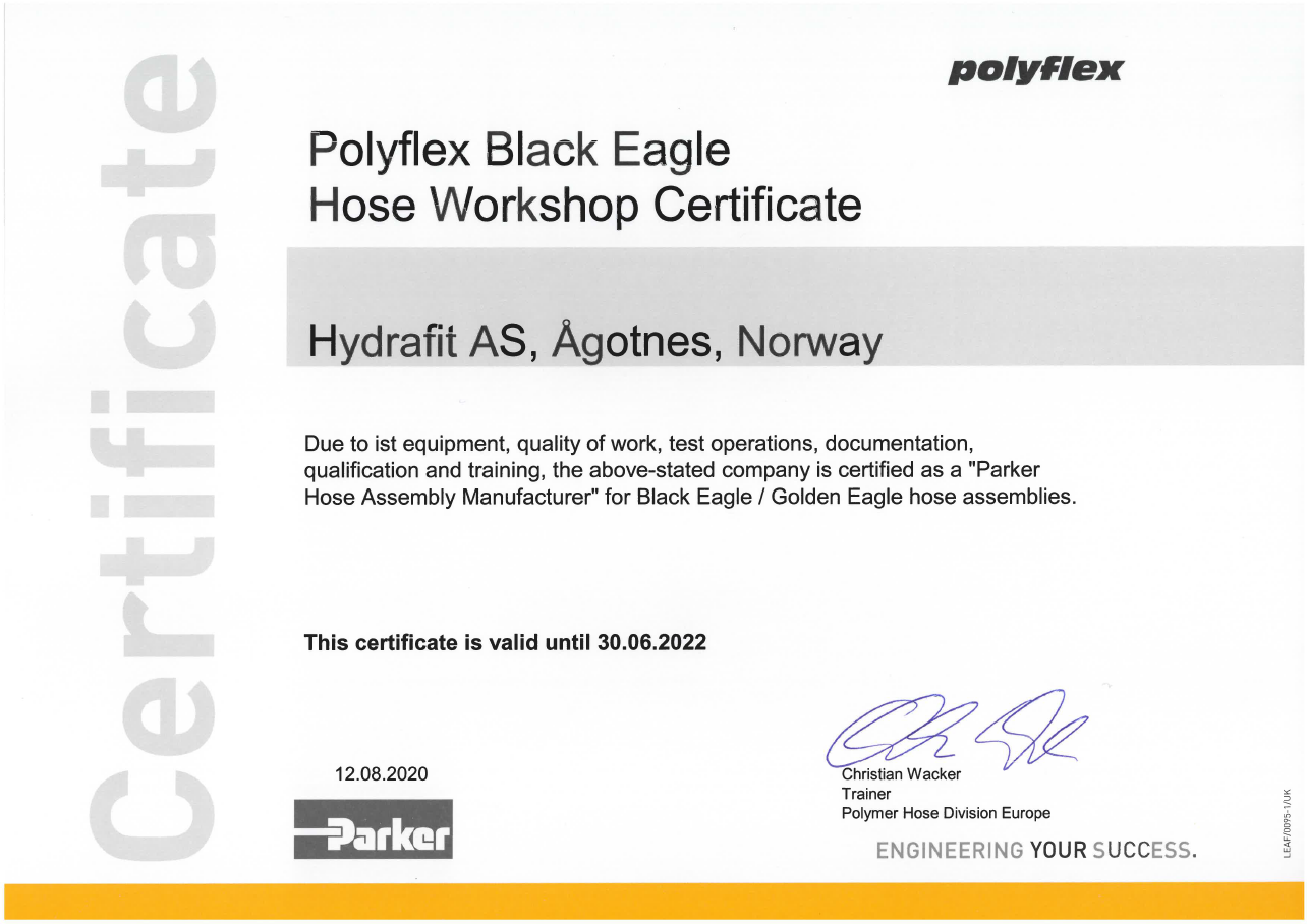 Parker Hose Workshop Certificates · Hydrafit AS