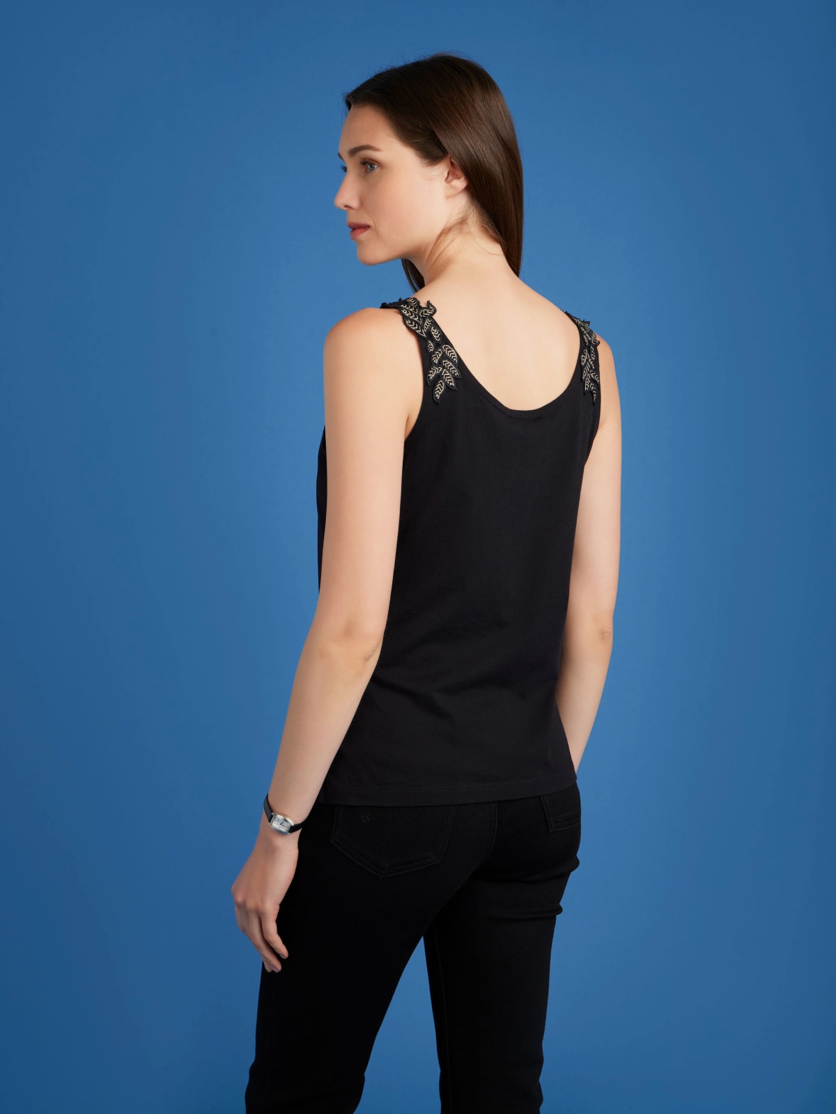 black cotton jersey embroidered straps Sam vest