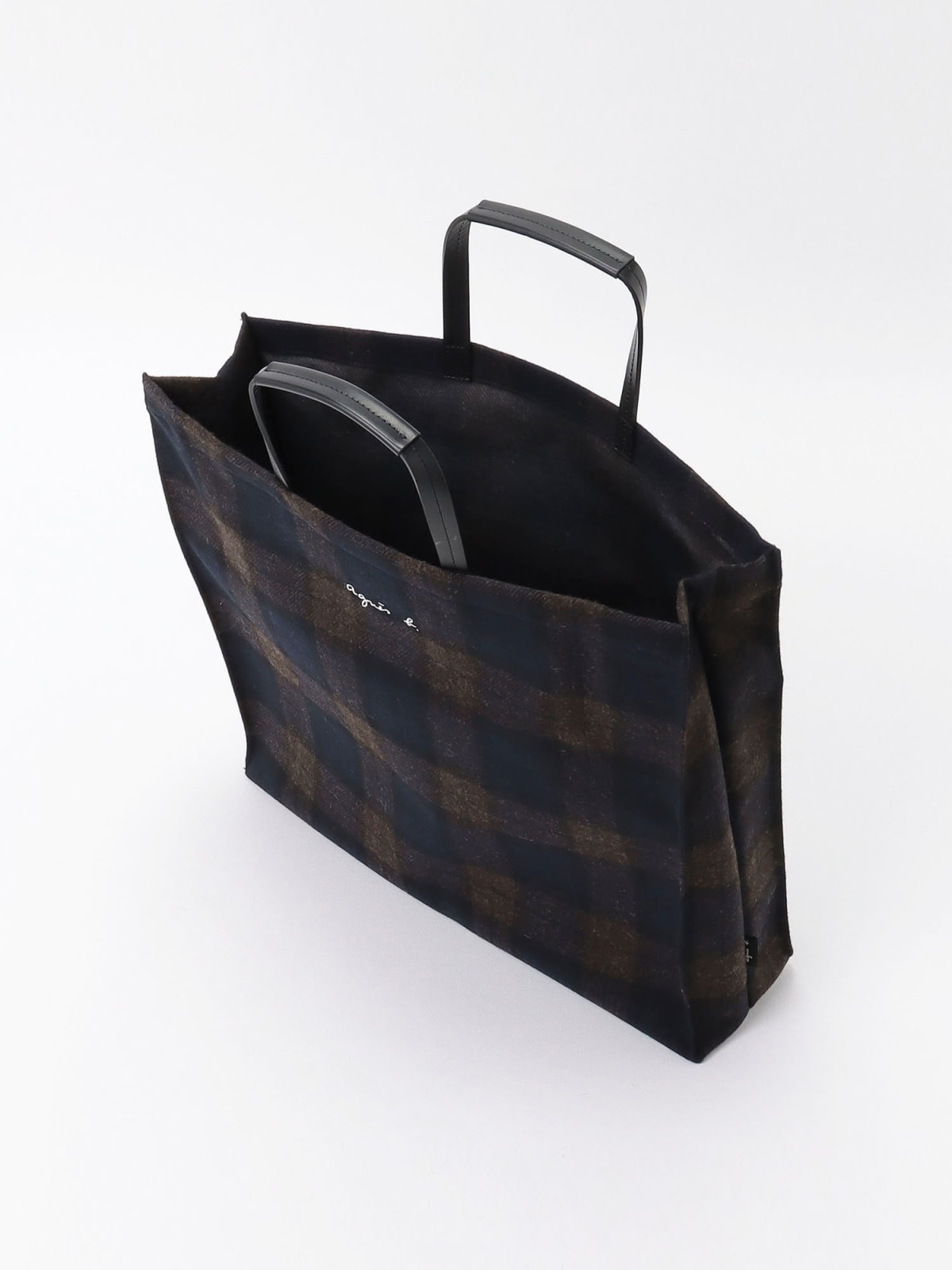 navy blue and brown checked wool shopping bag