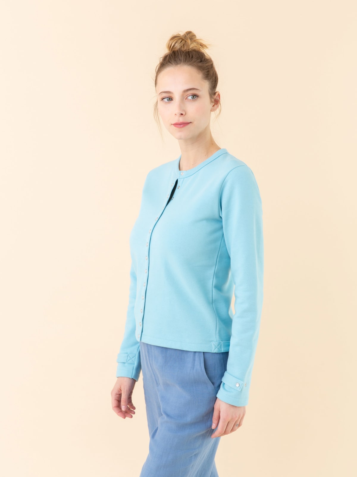 blue cotton fleece Rosana snap cardigan
