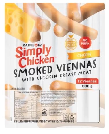 Rainbow Simply Chicken Viennas Cheese 500g | Agrimark