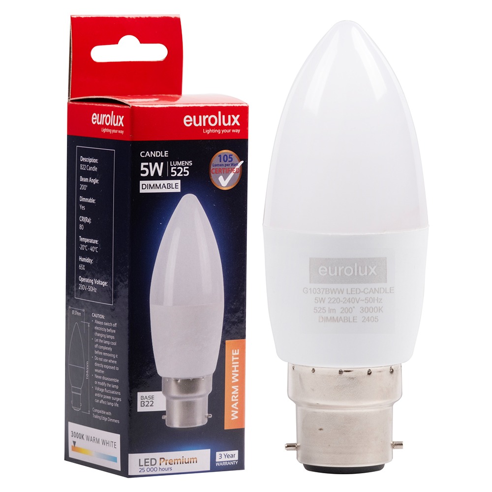 Eurolux Led Candle Opal Dimmable 5w B22 WW | Agrimark