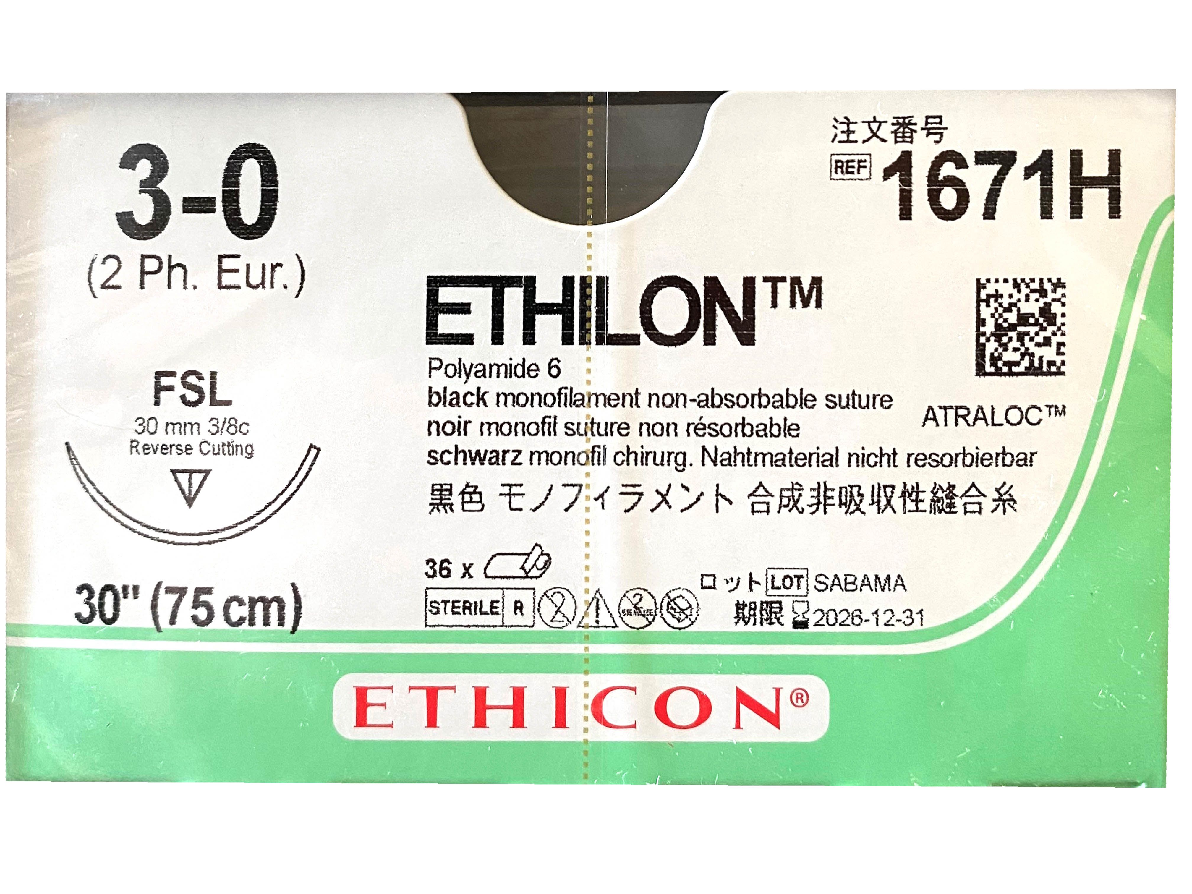 ETHILON 3-0 USP FSL (30 mm ) 75 cm / 12 stk. (eske = 3 x 12) - 1671H ...
