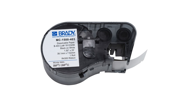 Brady MC-1500-403 Dissolvable Paper Labels, 1.5"W x 25'L, Black on White