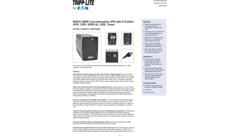 Tripp Lite AVRT650U UPS, Line-Interactive, AVR, 650VA, 480W, 120V, 50 ...