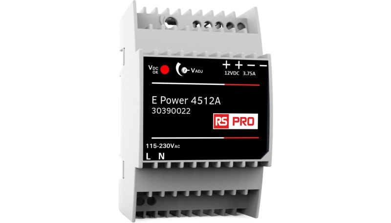 RS PRO 30390022 Power Supply, DIN Rail Mount, 45W (12V DC, 3.75A), 115 ...