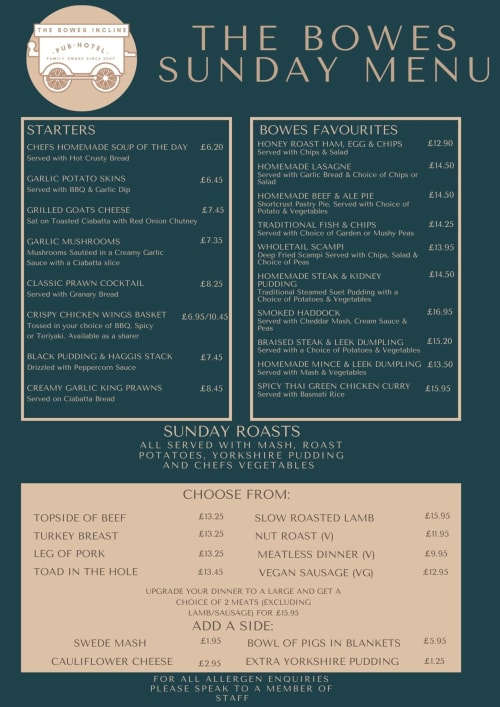 Our Menus | The Bowes Incline