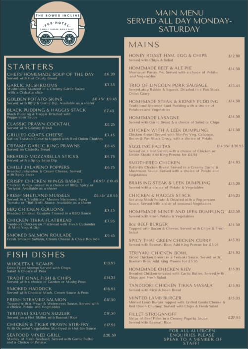Our Menus | The Bowes Incline