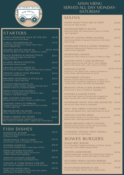 Our Menus | The Bowes Incline