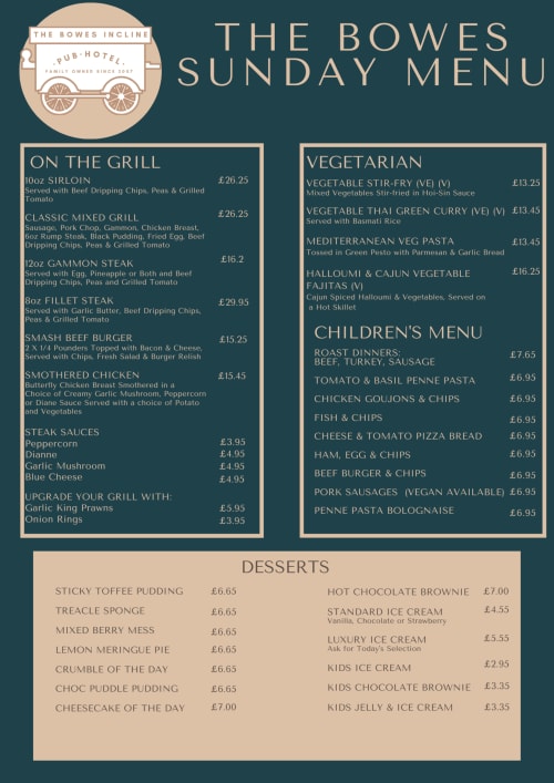 Our Menus | The Bowes Incline