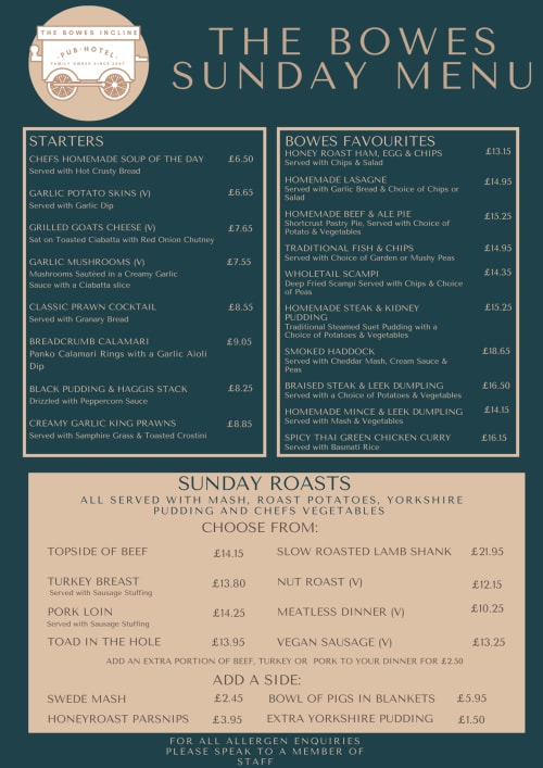 Our Menus | The Bowes Incline