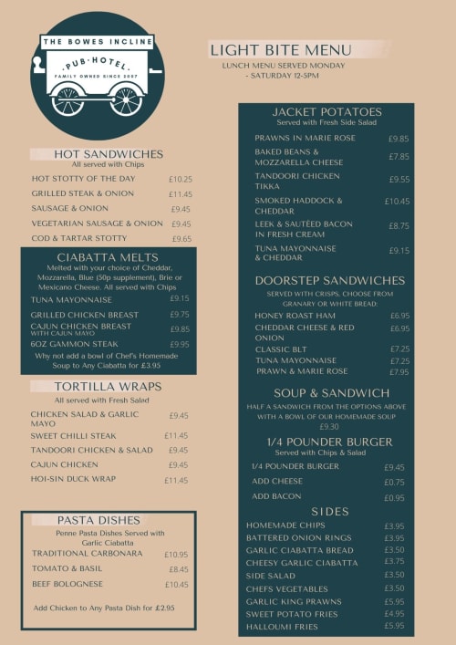 Our Menus | The Bowes Incline