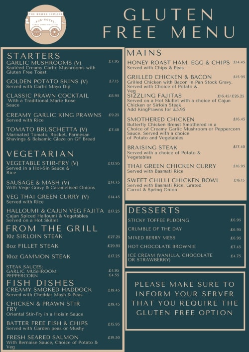 Our Menus | The Bowes Incline