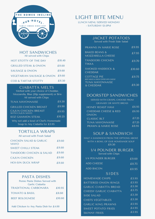 Our Menus | The Bowes Incline