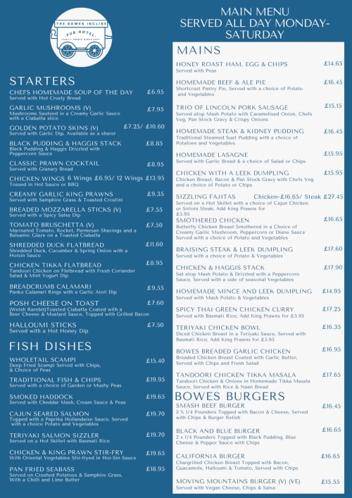 Our Menus | The Bowes Incline