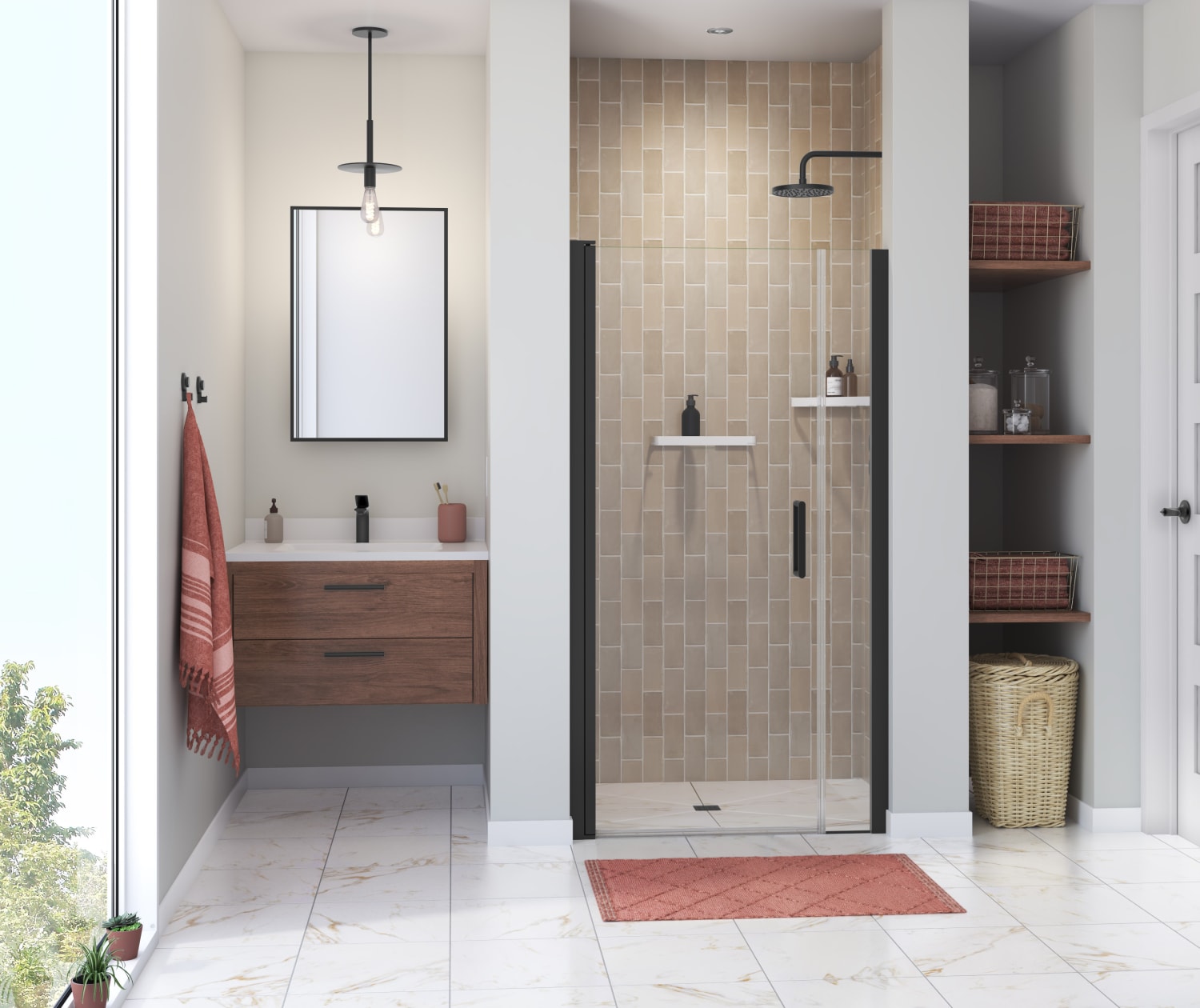 Manhattan 39-41 x 68 in. 6 mm Pivot Shower Door for Alcove Installation with Clear glass & Round ...