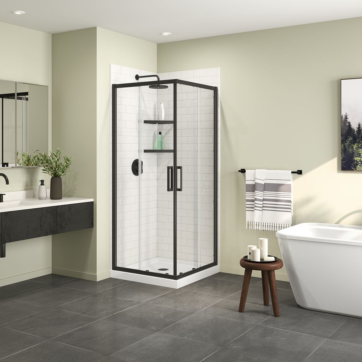 Scarlet 32 x 32 Acrylic Corner Drain Shower Kit in White with Clear ...