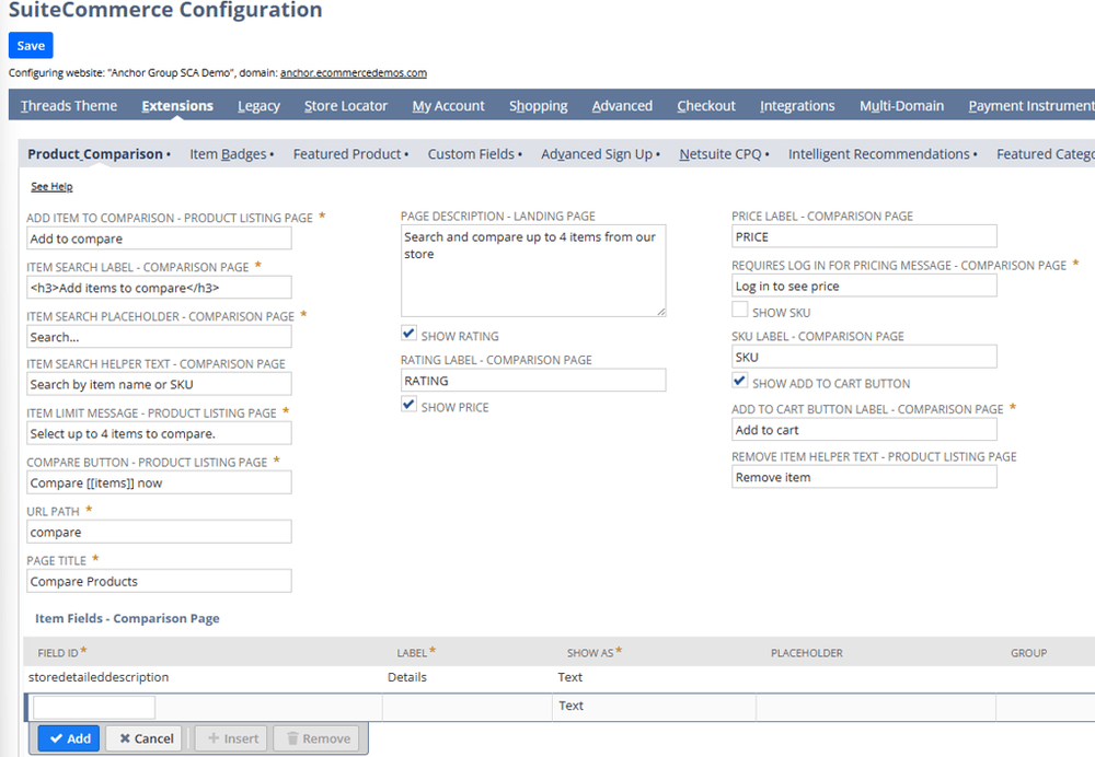 Product Comparison SuiteCommerce Bundle Configuration