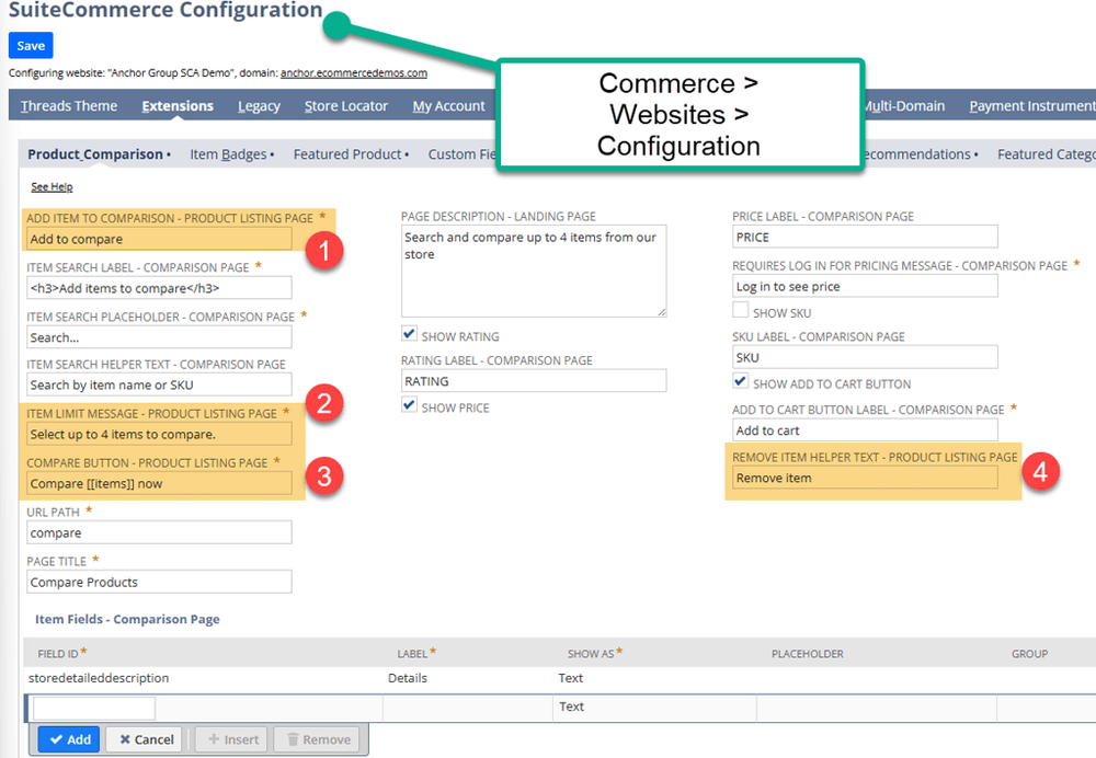 Product Comparison SuiteCommerce Bundle Configuration