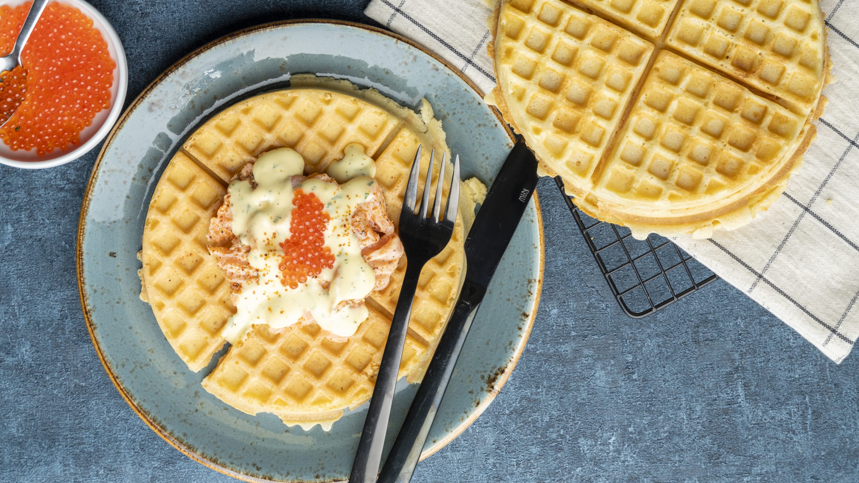 Savoury waffles and lemon pepper salmon