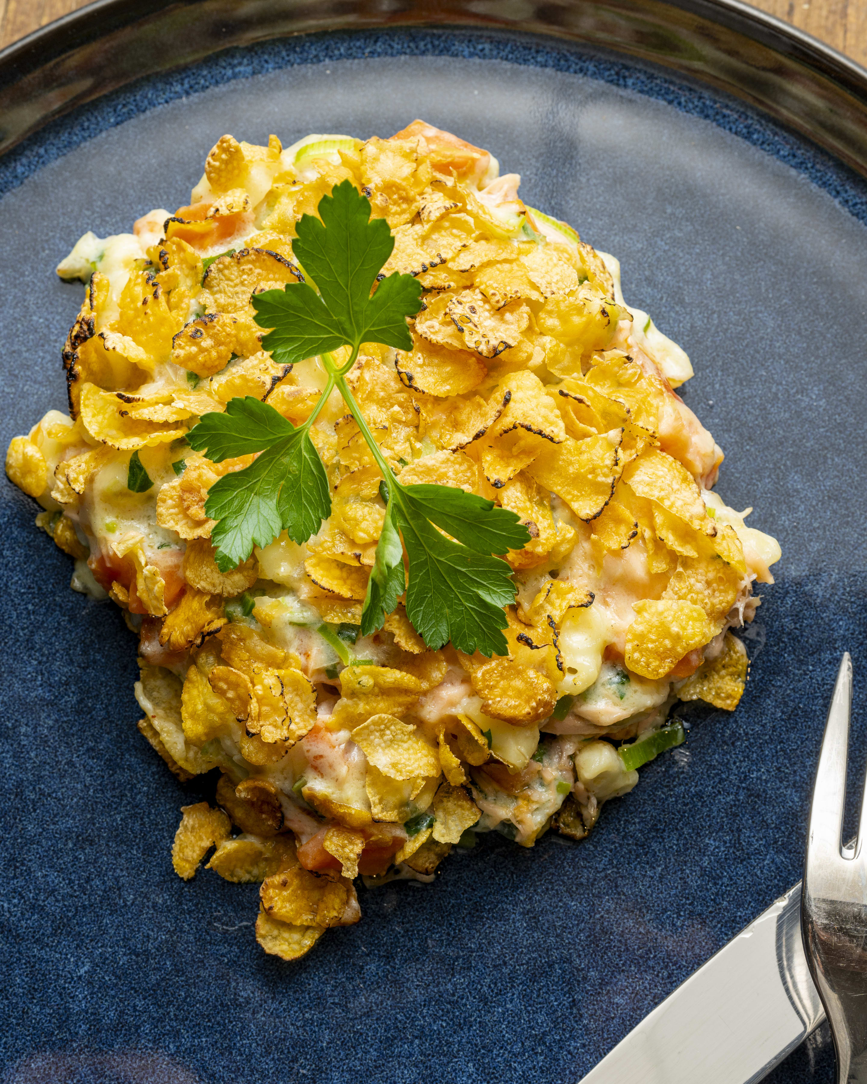 Smoked salmon casserole topped with cornflakes