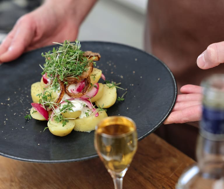 Open potato sandwich with LINIE mayo and pickled and fried onions ...
