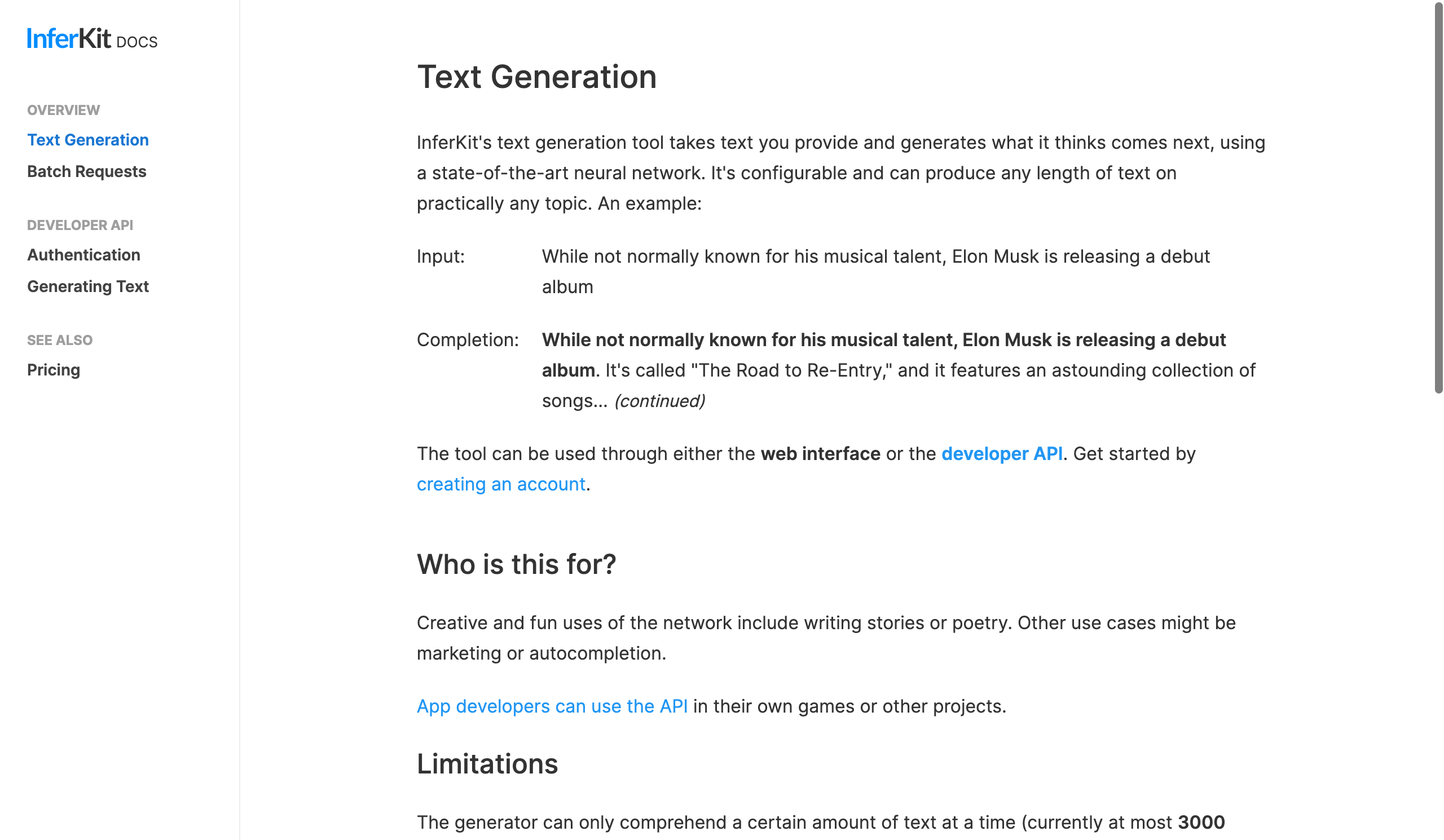 Inferkit Api Developer Docs Apis Sdks And Auth Api Tracker
