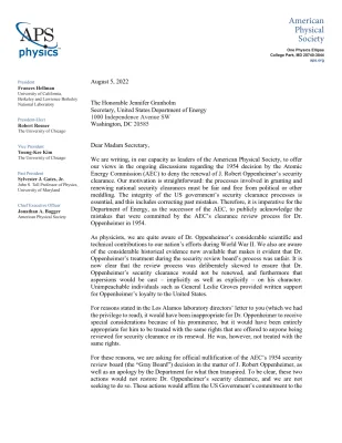 APS Letter on Oppenheimer Security Clearance | American Physical Society