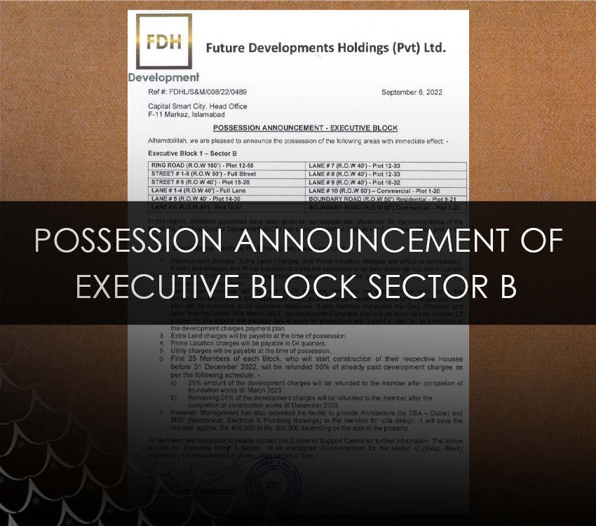 Possession Announcement of Executive Block Sector B - Arkaa News