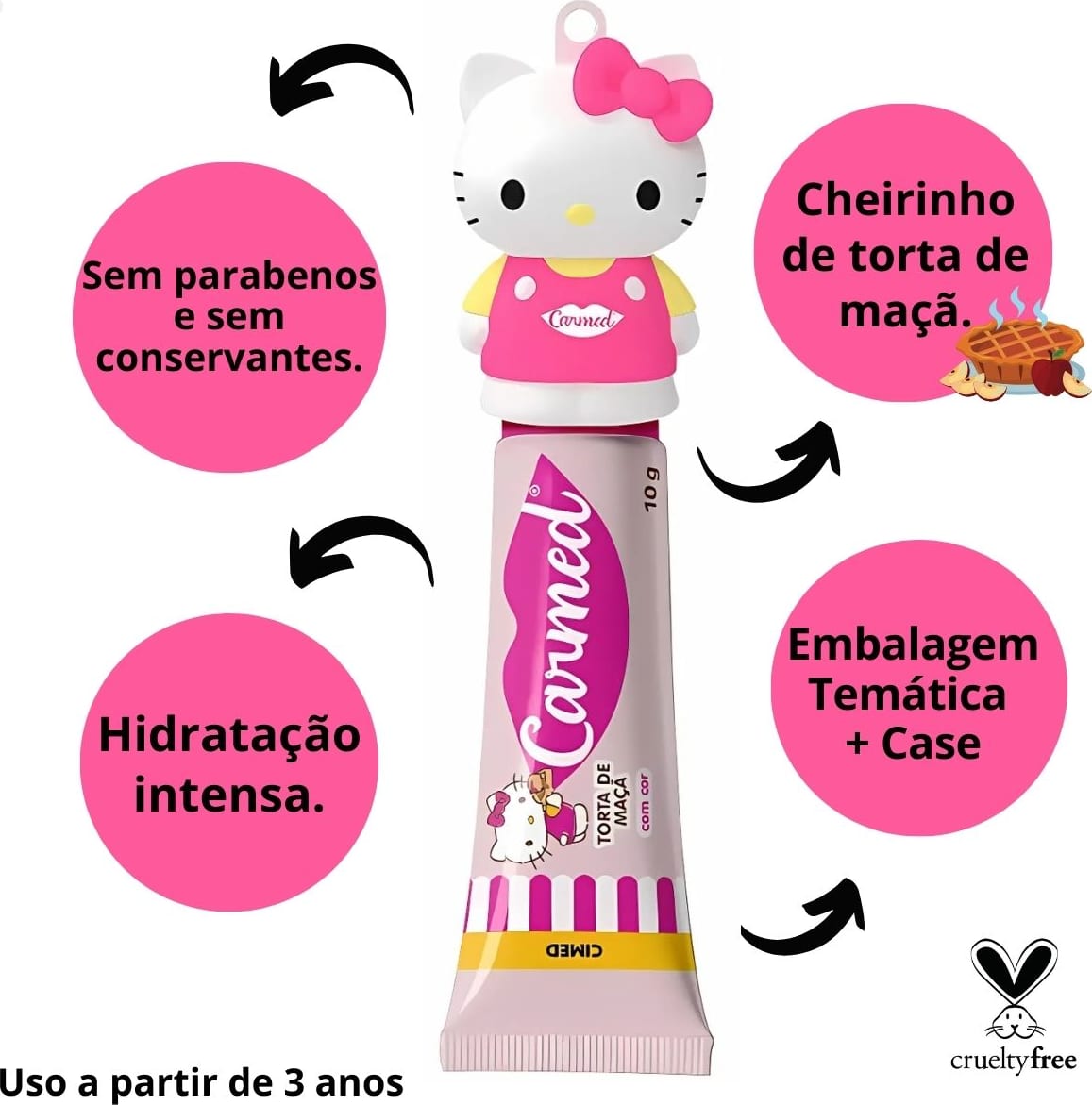 Kit Carmed Hello Kitty: 3 Hidratantes Labiais Torta De Maçã 10g