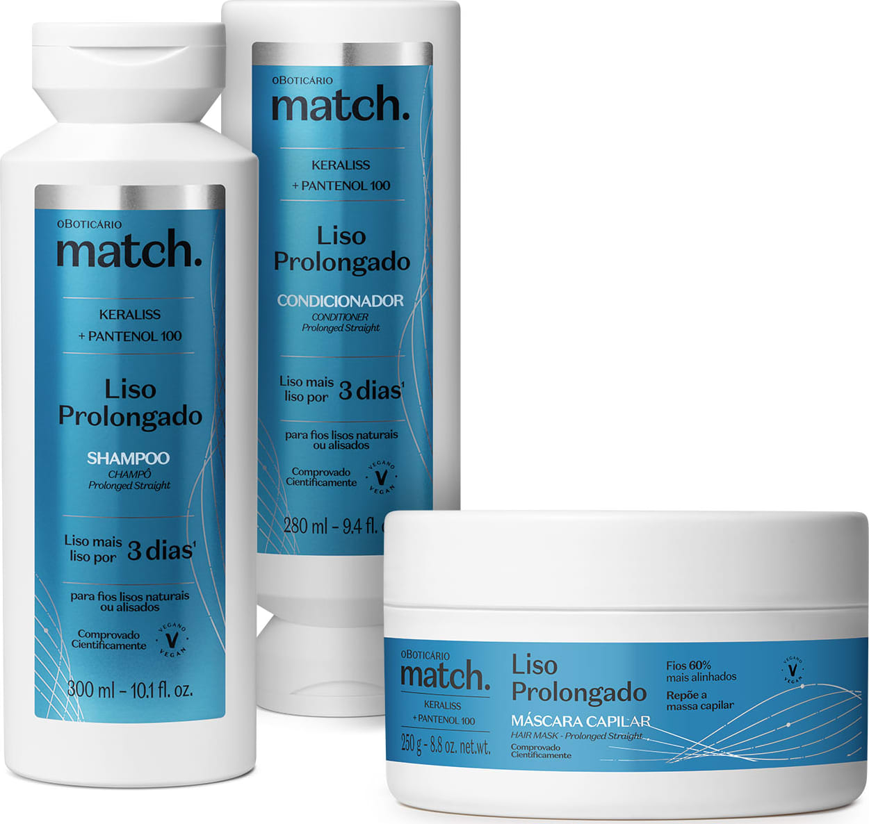 Combo Match Liso Prolongado: Shampoo 300ml + Máscara Capilar 250g + Condicionador 280ml | O ...