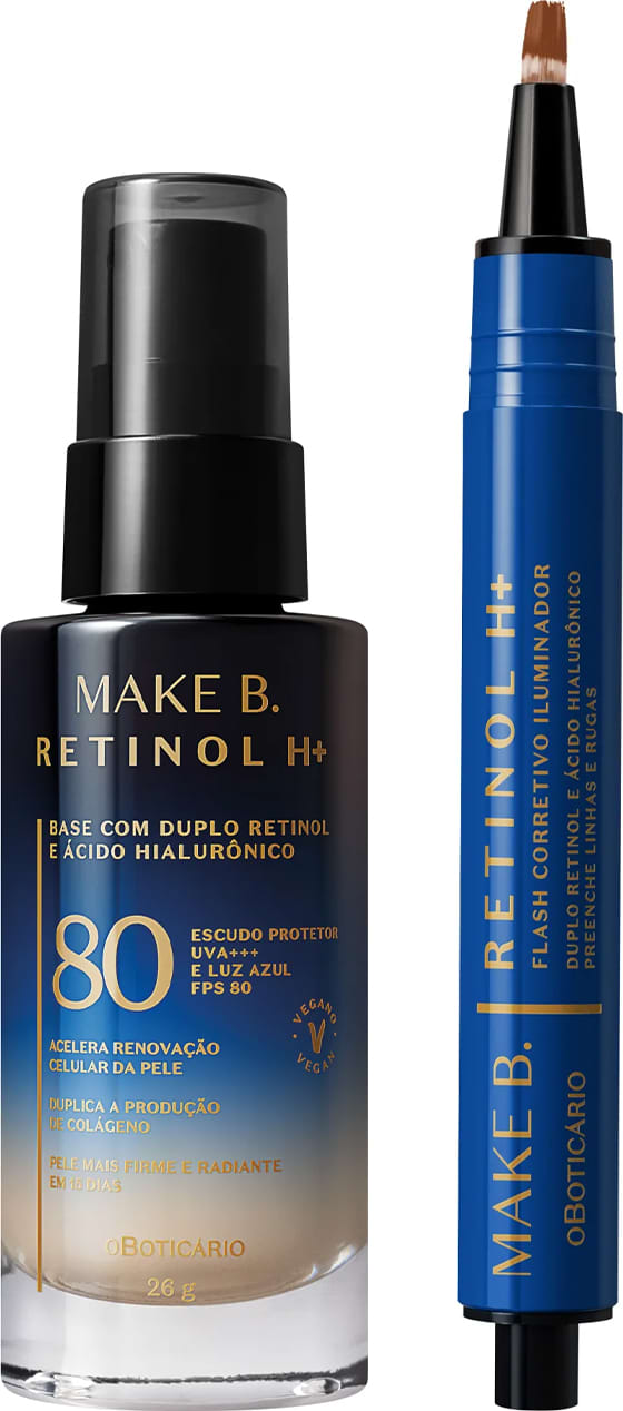 Combo Make B. Retinol H+: Base Líquida Cor 20 26g + Corretivo Líquido Cor 70 2,5g