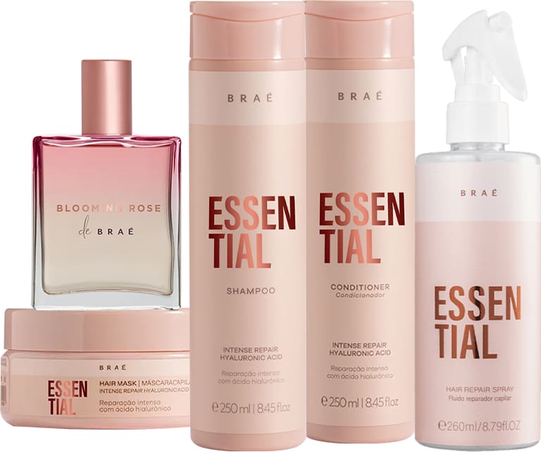 Kit Braé Essential Shampoo Condicionador Hair Spray Máscara e Blooming Rose Perfume para Cabelo ...