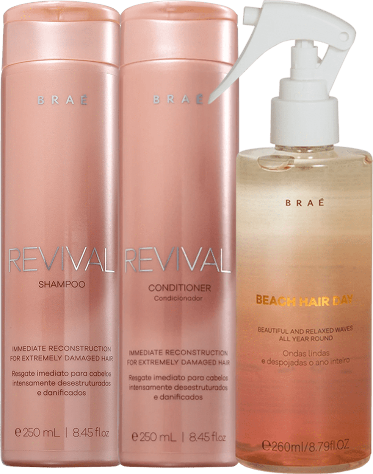 Kit Braé Revival Shampoo 250ml, Condicionador 250ml, Beach hair 260ml + Canga Braé