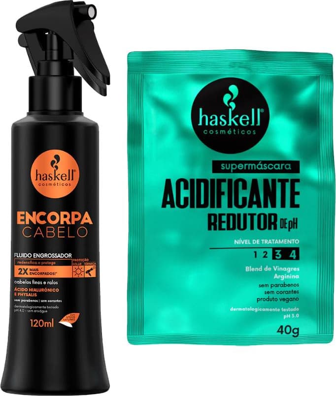 Kit Haskell Fluido Encorpa Cabelo + Máscara Acidificante 40g Kit Haskell Fluido Encorpa Cabelo + Máscara Acidificante 40g