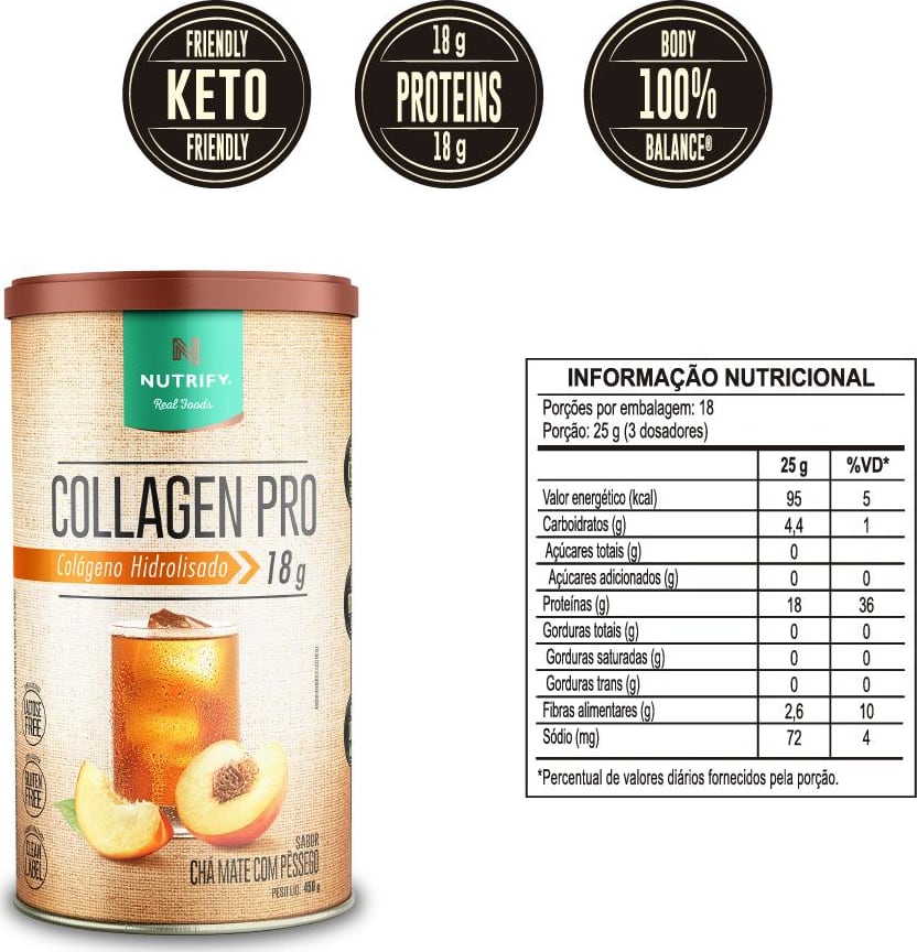 Nutrify Collagen Pro Colágeno Hidrolisado 18g Chá Mate com Pêssego Suplemento Alimentar em Pó ...