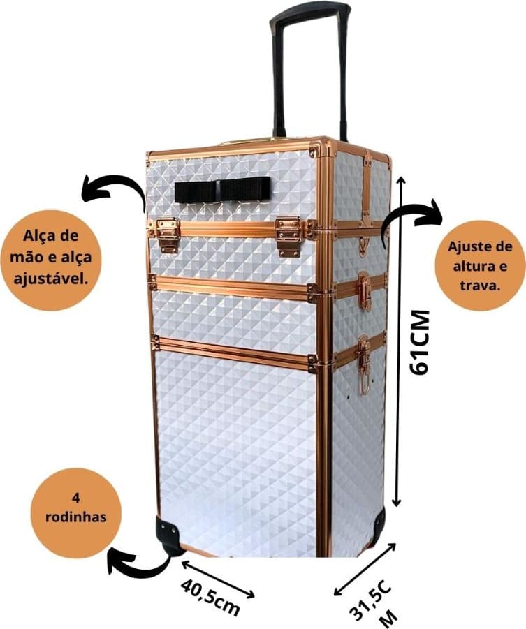 Maleta Carrinho Rubys 3 Andares e 4 Rodinhas Branca e Salmao Fs-w1206 Mc-1