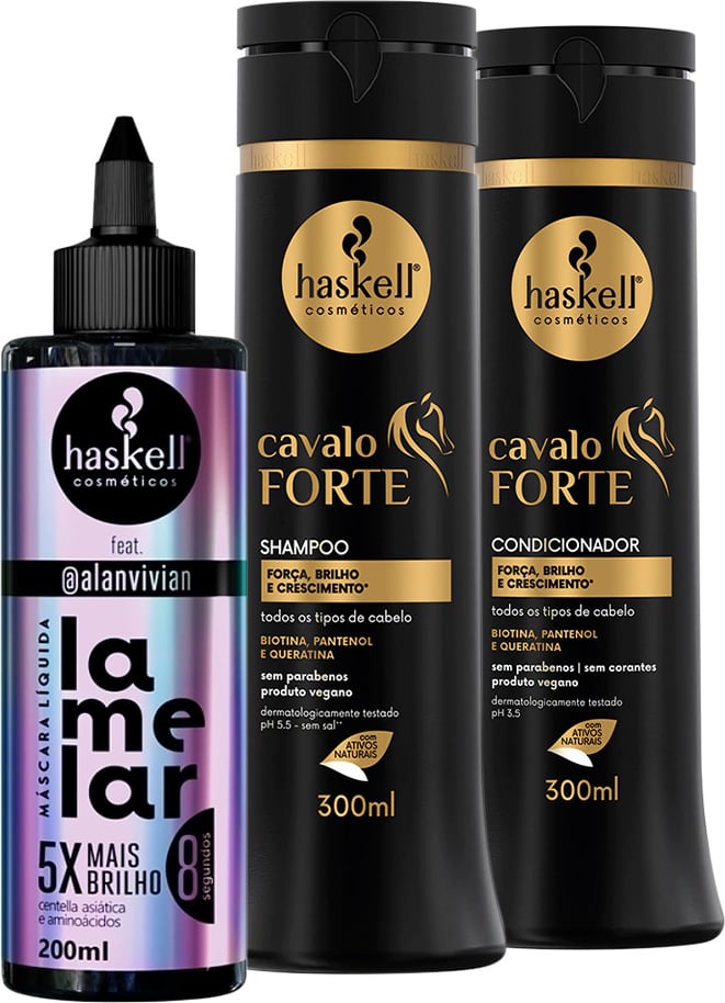 Kit Haskell Cavalo Forte Shampoo Condicionador e Lamelar Máscara líquida (3 produtos)