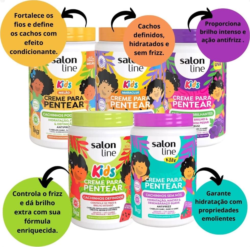 Kit Salon Line Kids: 5 Cremes de Pentear Melão, Maracujá, Uva, Melancia ...
