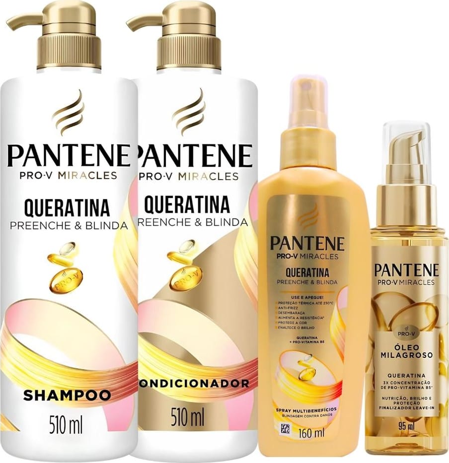 Kit Pantene Pro-V Miracles Queratina: Shampoo 510ml, Condicionador 510ml, Spray e Óleo