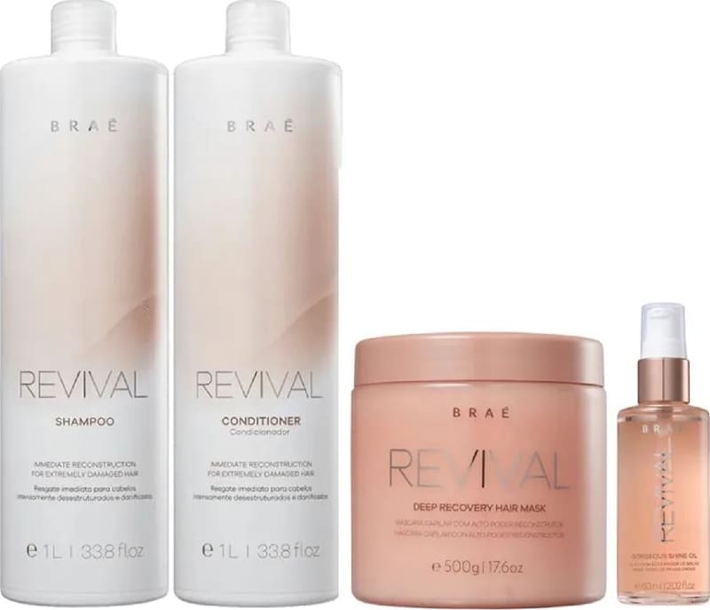 Kit Braé Revival - Shampoo 1L + Condicionador 1L + Máscara 500g + Óleo Gorgeous 60ml